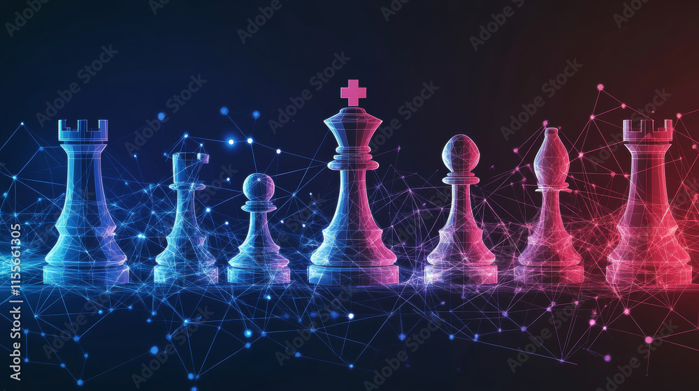 Hologram chess. Chess made of polygons, triangles, dots, and lines. Low ...