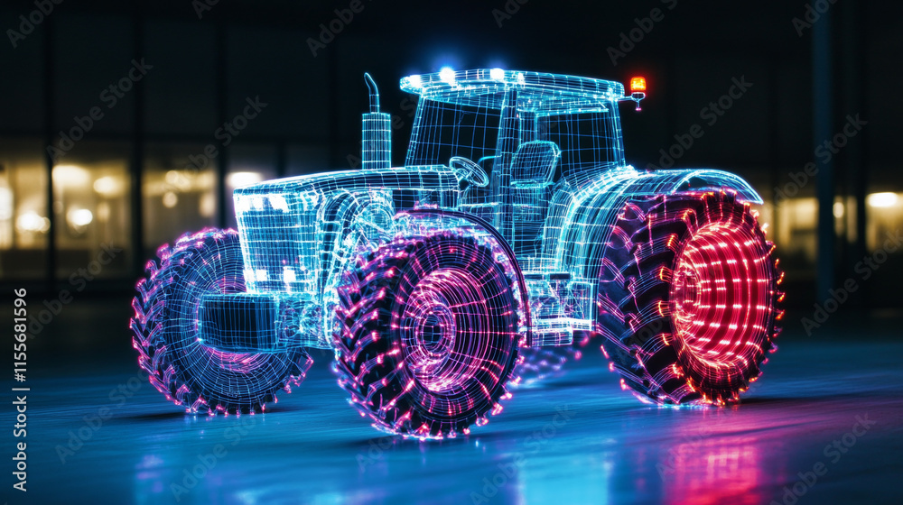 Hologram tractor. Holographic projection of the tractor. Flickering ...