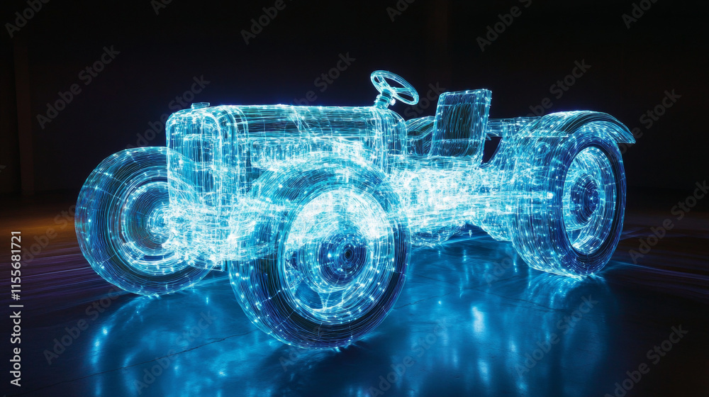 Hologram tractor. Holographic projection of the tractor. Flickering ...