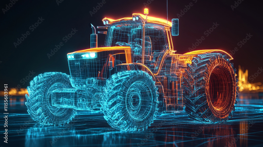 Hologram tractor. Holographic projection of the tractor. Flickering ...