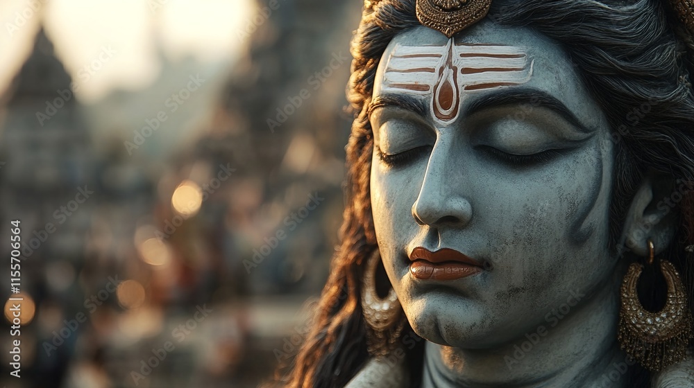 A close-up photograph of Lord Shiva's face with intricate details and a ...