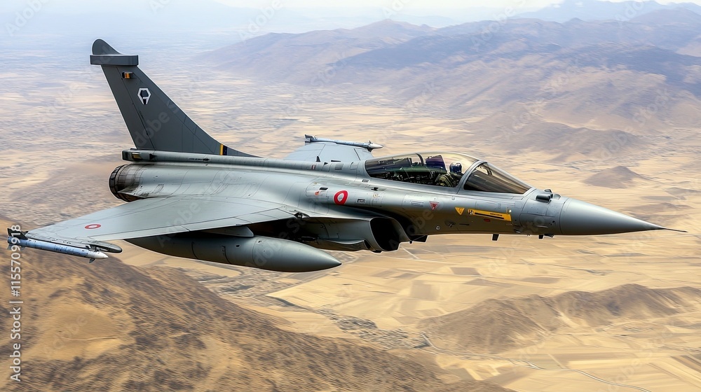 Fighter jet soars over arid landscape highlighting aerial capabilities ...