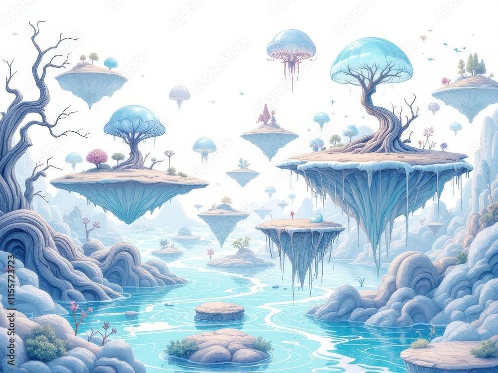 Whimsical floating islands with trees, waterfalls, and a flowing river ...
