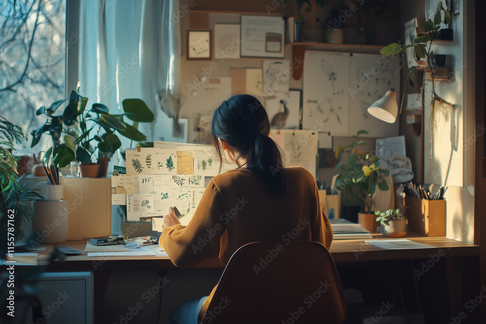Creating a vision board for a sustainable lifestyle in a cozy workspace ...