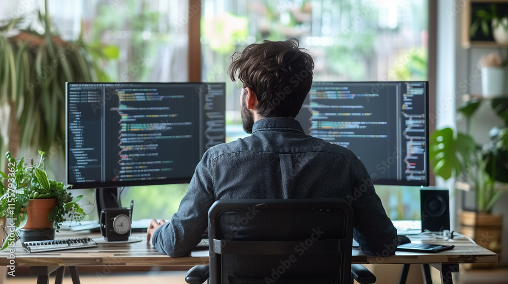A young man focused on coding at his well-organized workstation with ...