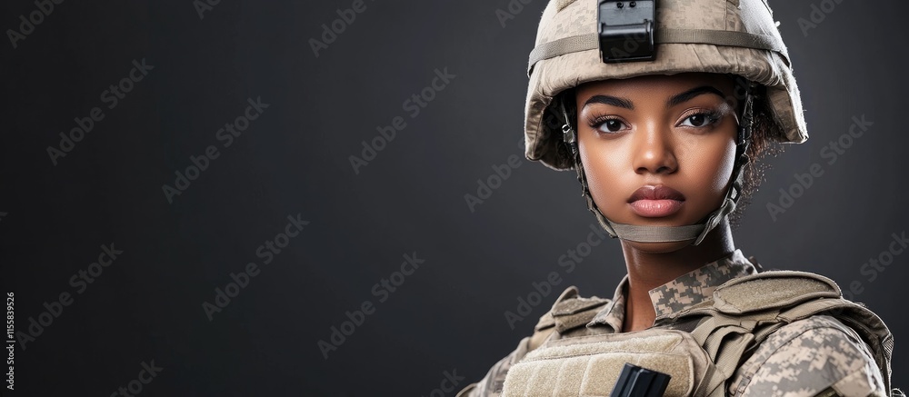 Black female soldier in military uniform posing confidently with empty ...