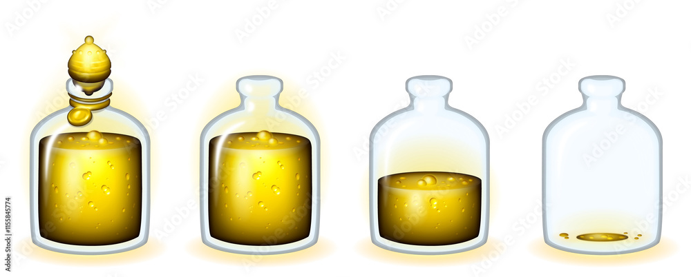 Set of magic potion flasks in four states: sealed, open, half-filled ...