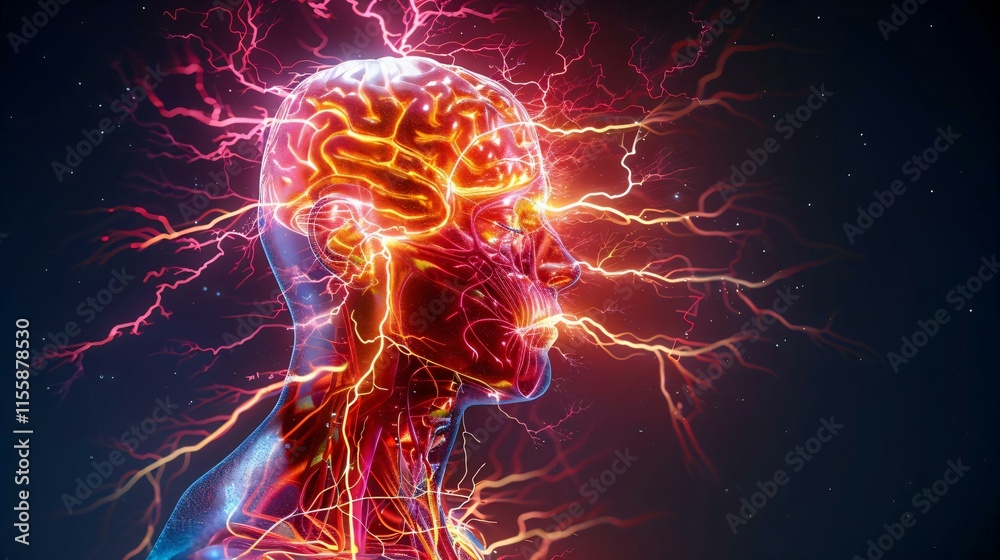 Vibrant digitally illustrated brain is centered black background ...