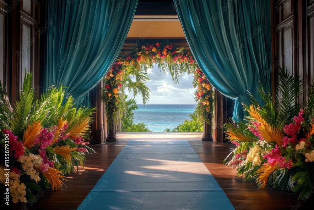 Mauritian villa wedding backdrop, colonial style, pastel colors ...