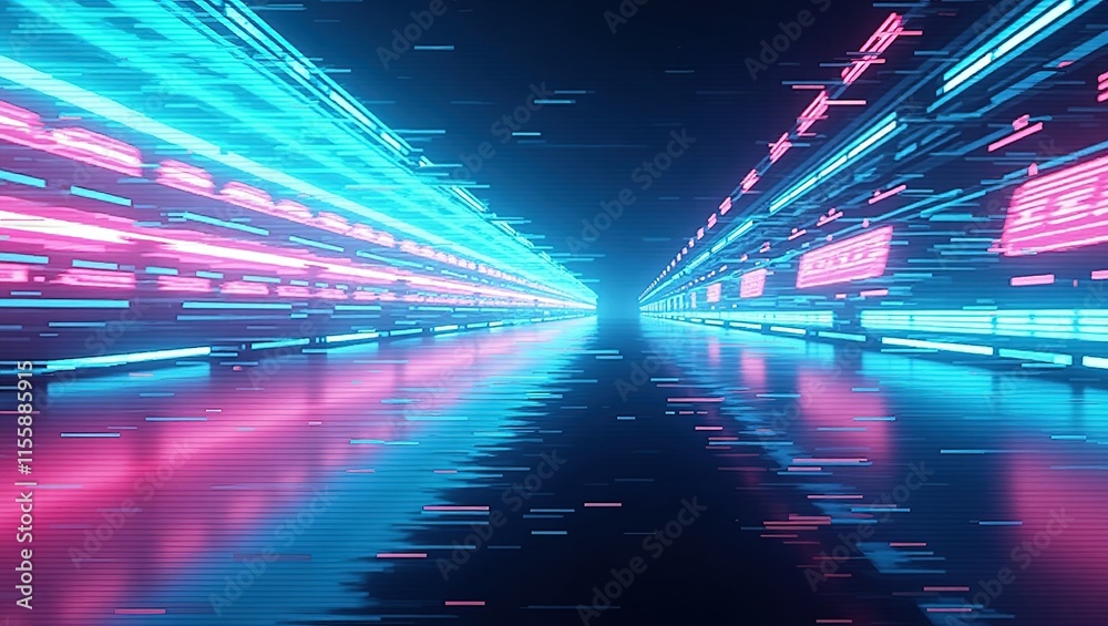 Abstract blue, mint and pink background with interlaced digital glitch ...