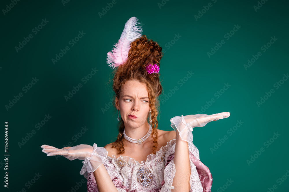 Red-haired woman in elegant vintage costume with pink accents posing on ...