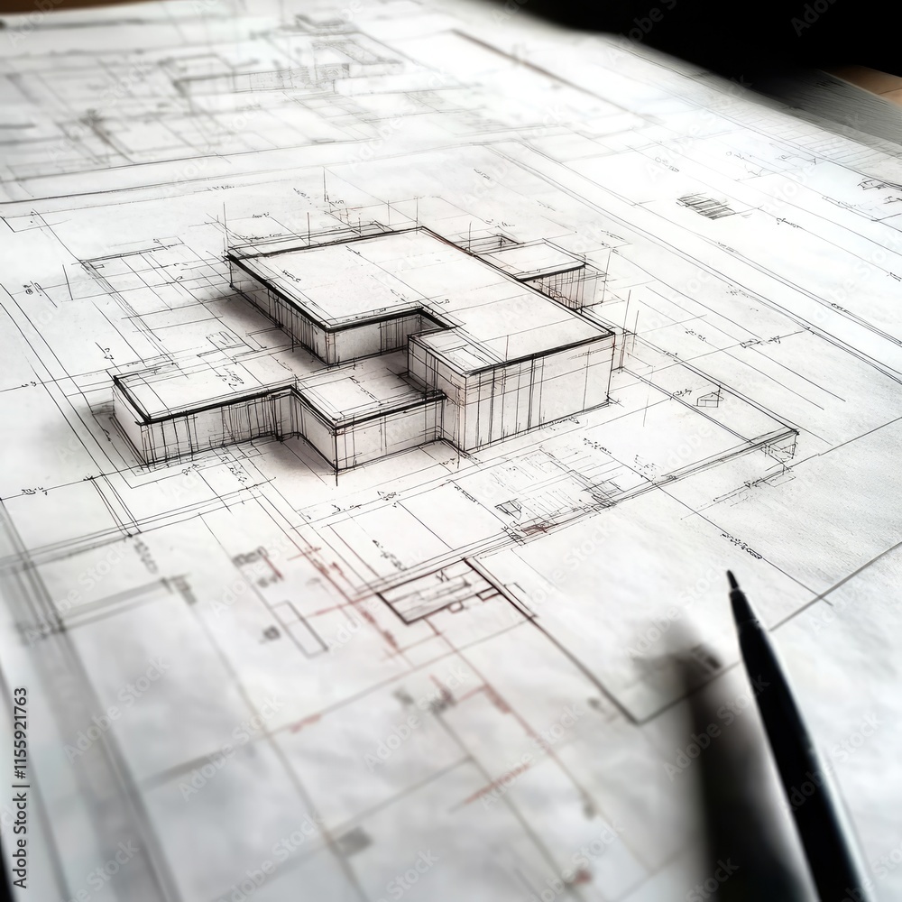 Architectural blueprint featuring a 3D model of a building design with ...