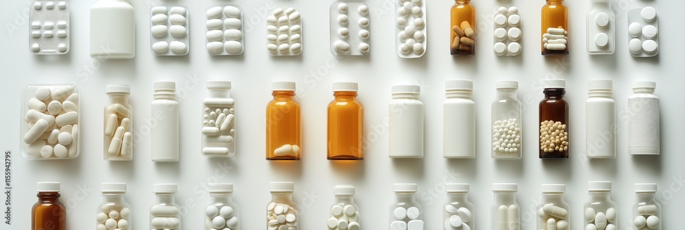 An arrangement of various pill bottles and tablets in different shapes ...