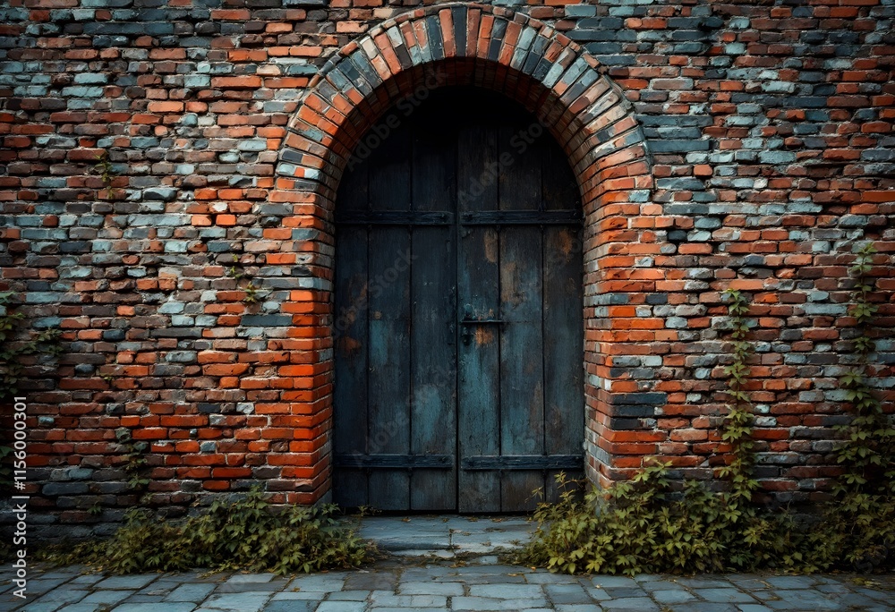 Ancient wooden door with arch in weathered brick wall. Medieval ...