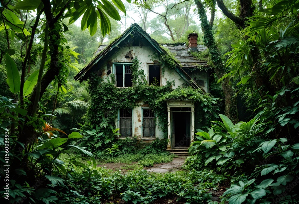 Abandoned old house in green forest. Mysterious vintage cottage covered ...