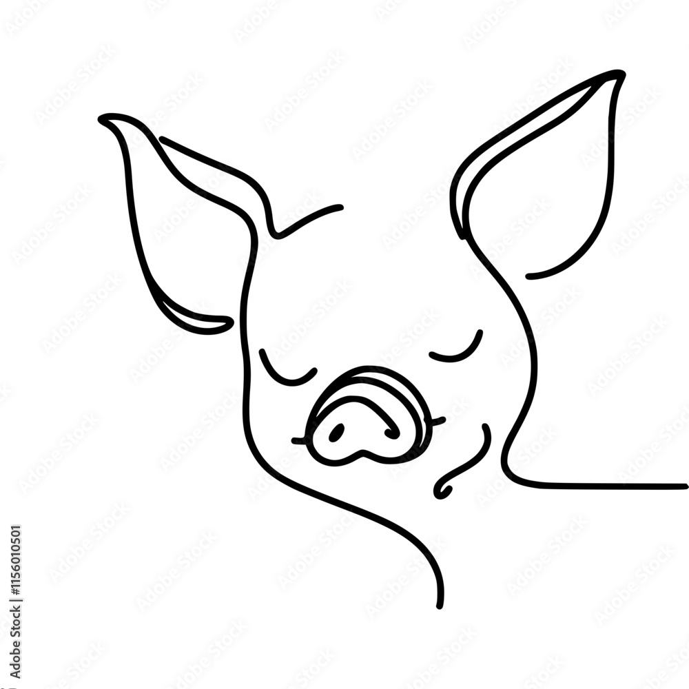 Continuous line drawing of pig with closed eyes and large ears, single ...