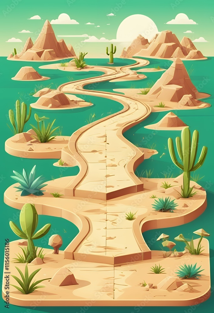 Game road map with level indicators. Sand desert with green grass and ...