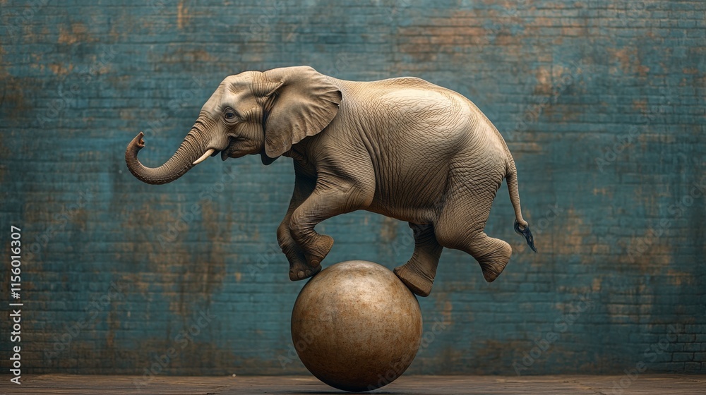 Small elephant balancing on a large red ball in an indoor circus ...