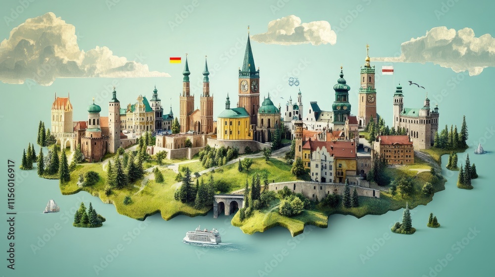A modern infographic map of Poland, featuring key geographical and ...
