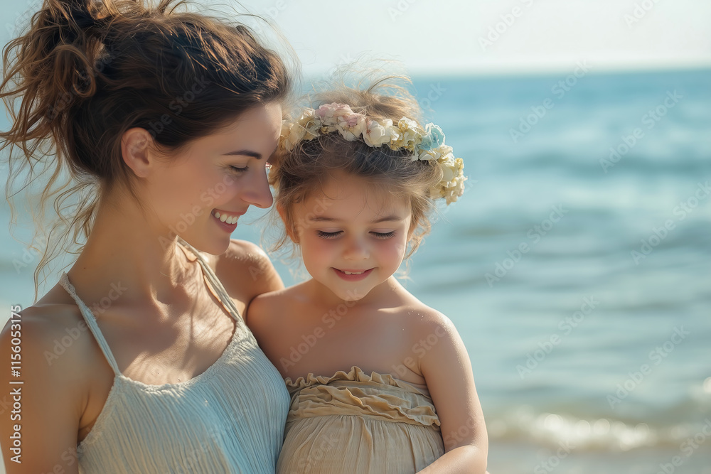 Smiling mother shares a tender moment with her pregnant daughter by the shore Stock Photo ...