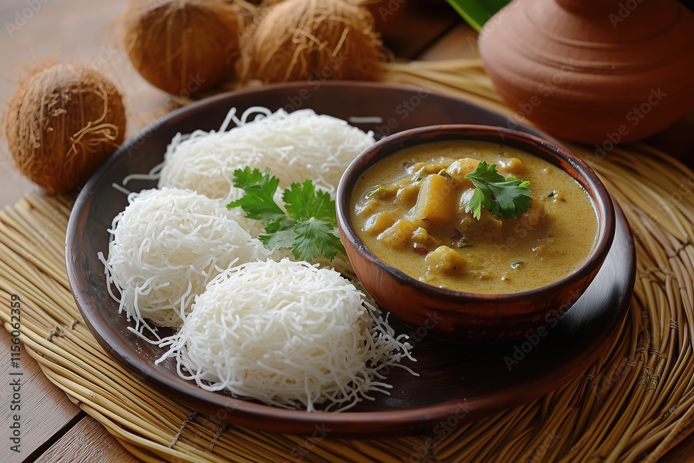 Freshly Steamed Idiyappam with Vegetable Kurma, Styled in a Traditional ...