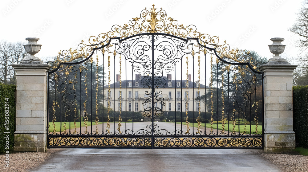 Grand wrought iron gate with intricate scrollwork and decorative gold ...