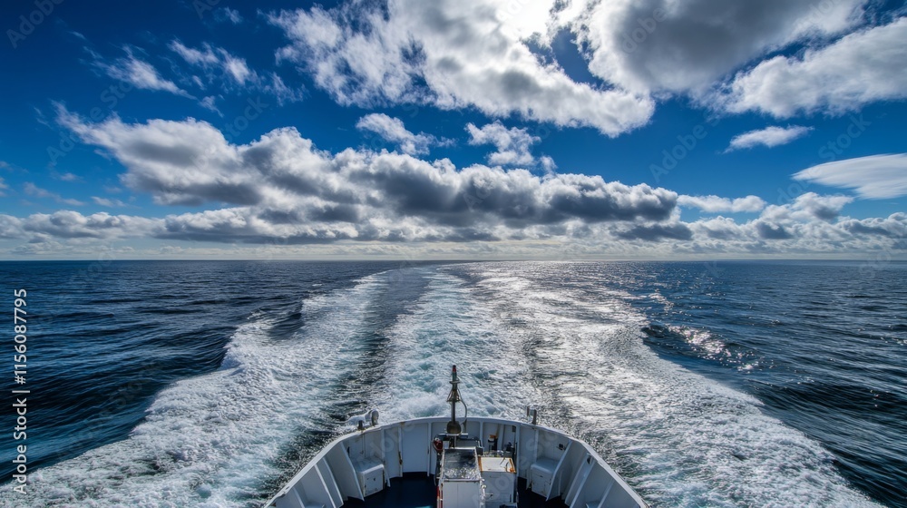 Scenic Maritime View from Ship's Stern with Wake Pattern and Cloudy Sky ...