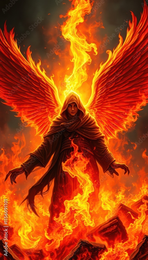 Fiery winged figure enveloped in flames stands amidst burning rocks ...