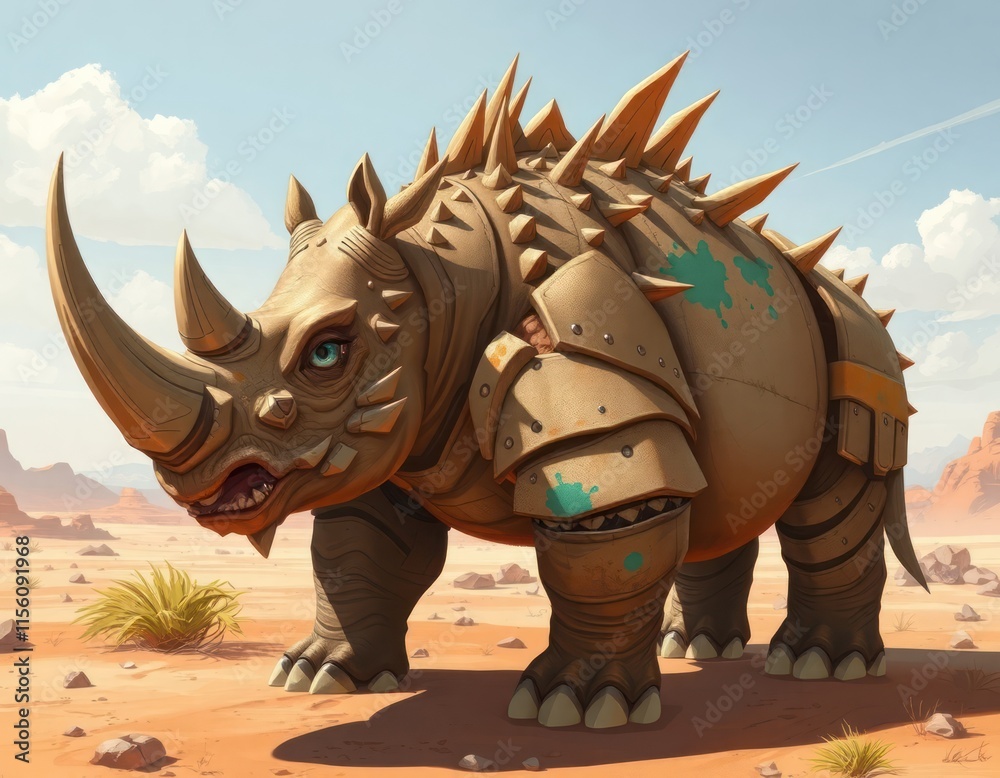 Fantasy rhino creature stands in desert landscape. Armored rhino spikes ...