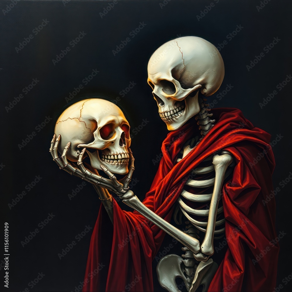 Skeleton holds skull in hands. Dark moody painting with dramatic ...