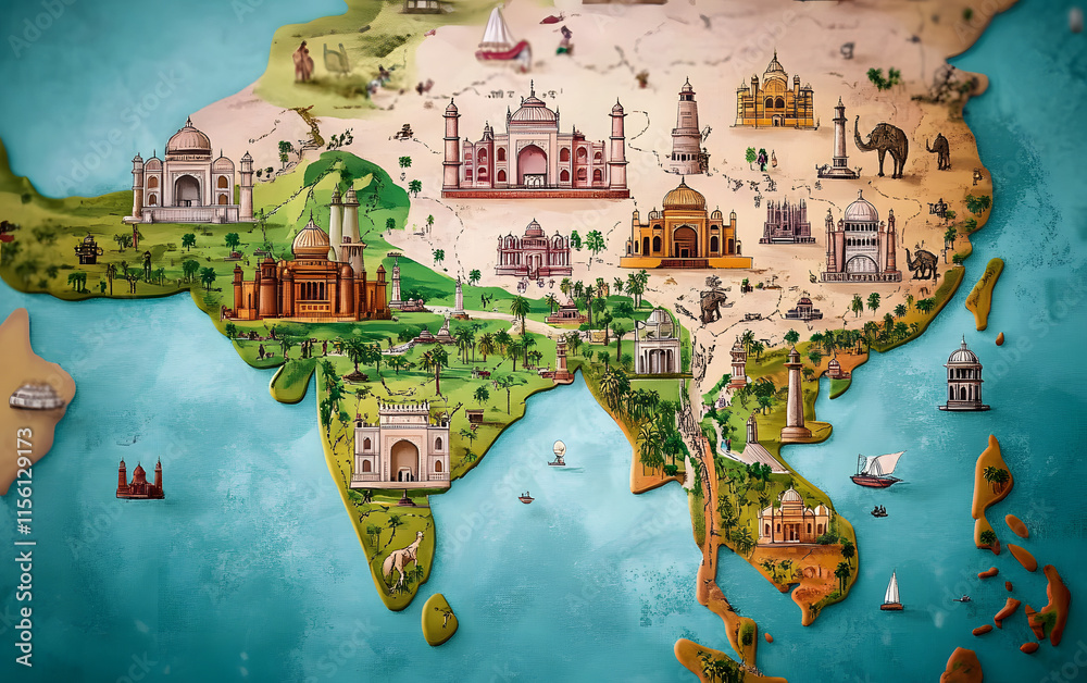 Illustrated map of India with various famous landmarks and cultural ...