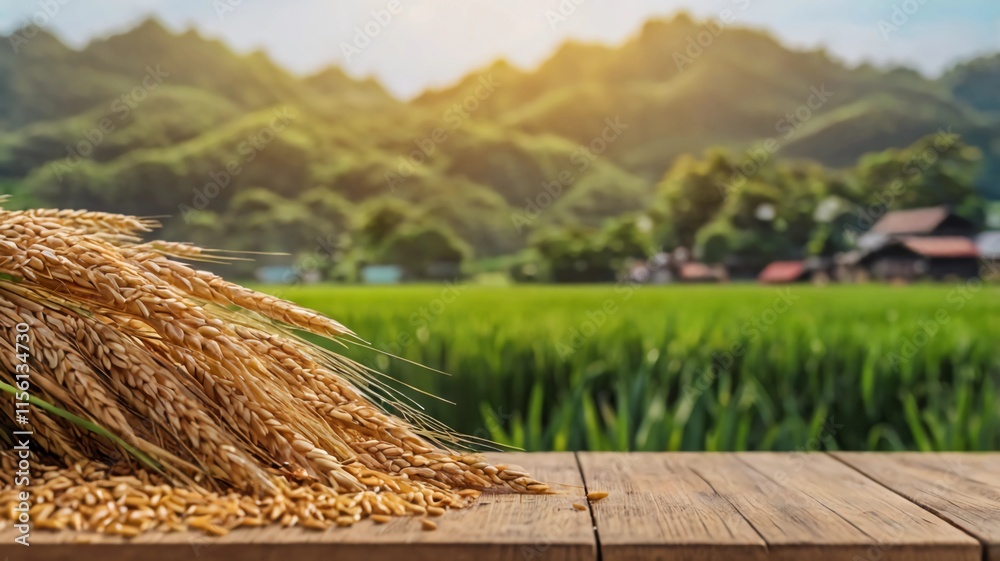 Foto de Stock Wooden table top on blur rice field background in daytime ...