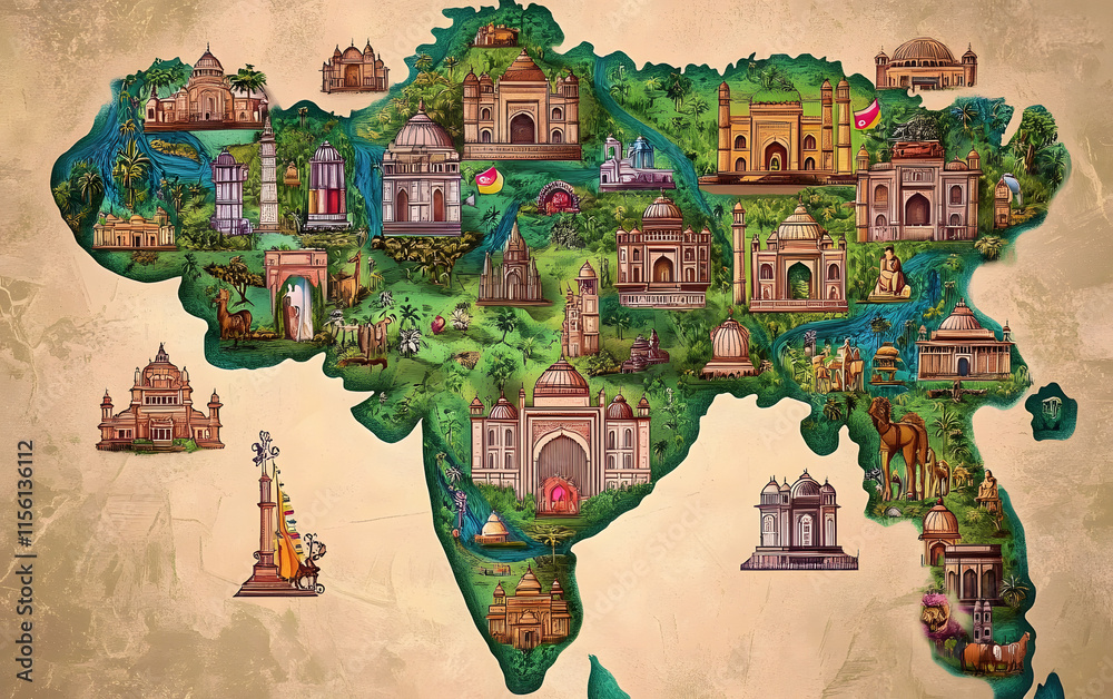 Ilustración de Stock Illustrated map of India with various famous ...