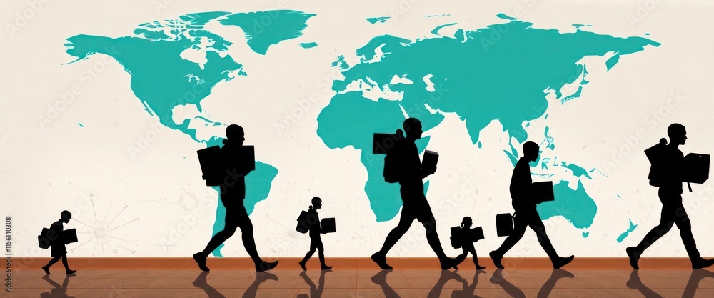 Silhouette figures carrying boxes. People migrate across world map. Visual artistic journey of ...