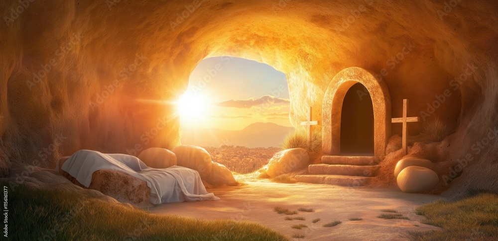 A serene depiction of an empty tomb bathed in sunrise light, symbolizing the resurrection and ...