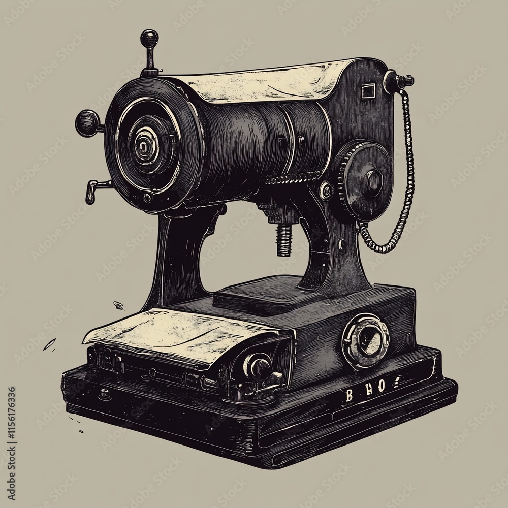 Vintage sewing machine illustration, detailed drawing of antique ...