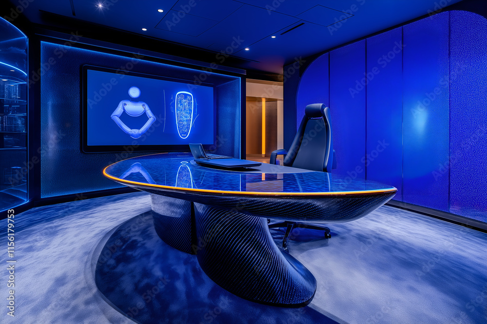 Futuristic executive office with a curved smart desk made from carbon ...