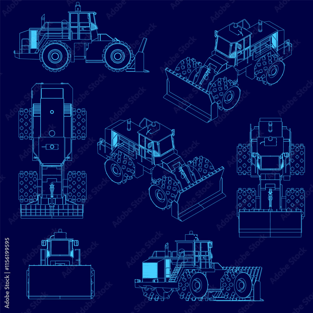 Blue drawing of a tractor with a large plow. The tractor is shown from ...