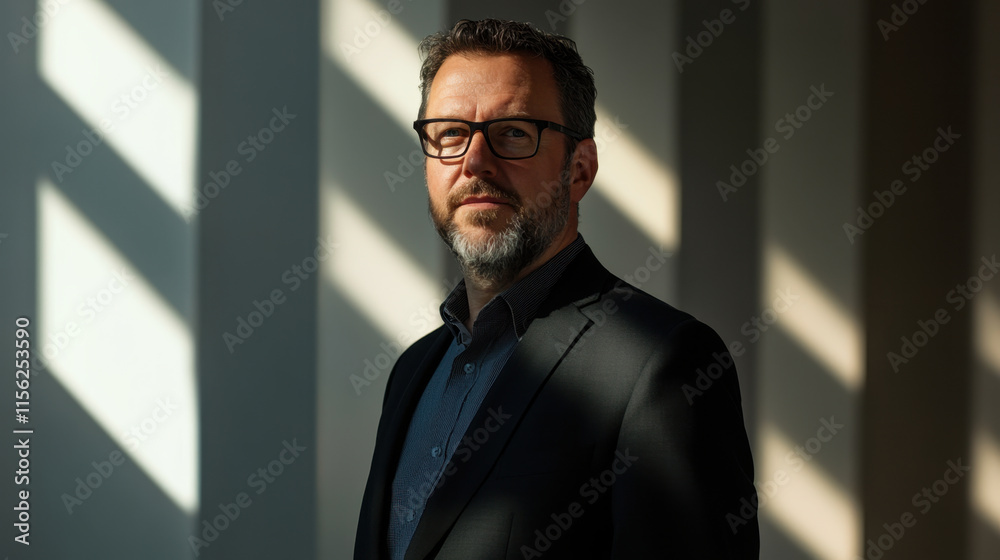 Cinematic portrait of man in suit with glasses, dramatic lighting ...