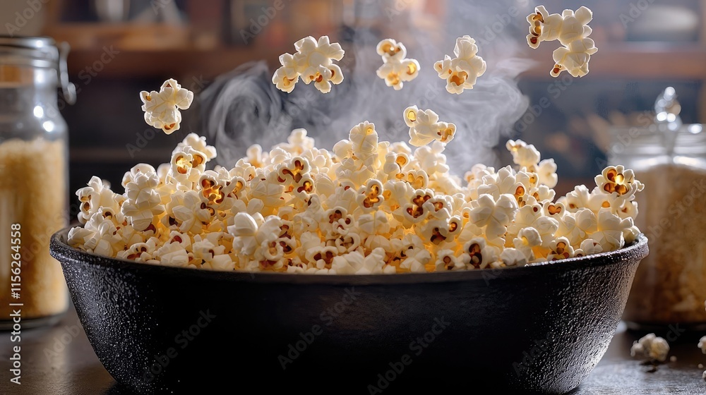 Popcorn pan concept. Freshly popped popcorn bursts from a large bowl ...