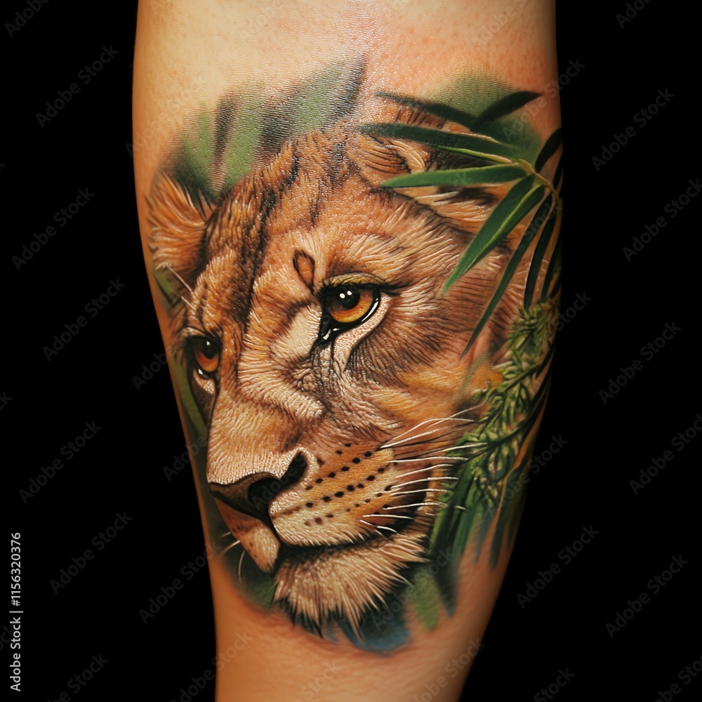 Realistic lion tattoo design with vivid colors and detailed features ...