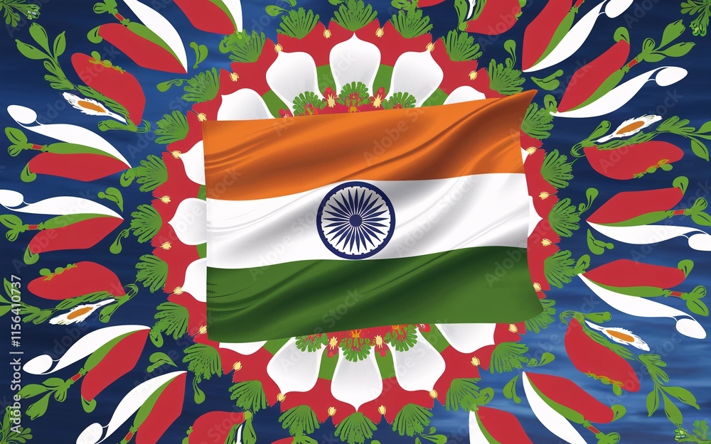 Festive Tiranga Bloom, Indian flag waving, centered in a vibrant ...