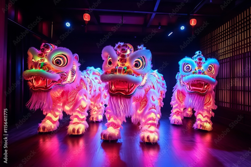 Three illuminated lion dance costumes in a traditional performance ...