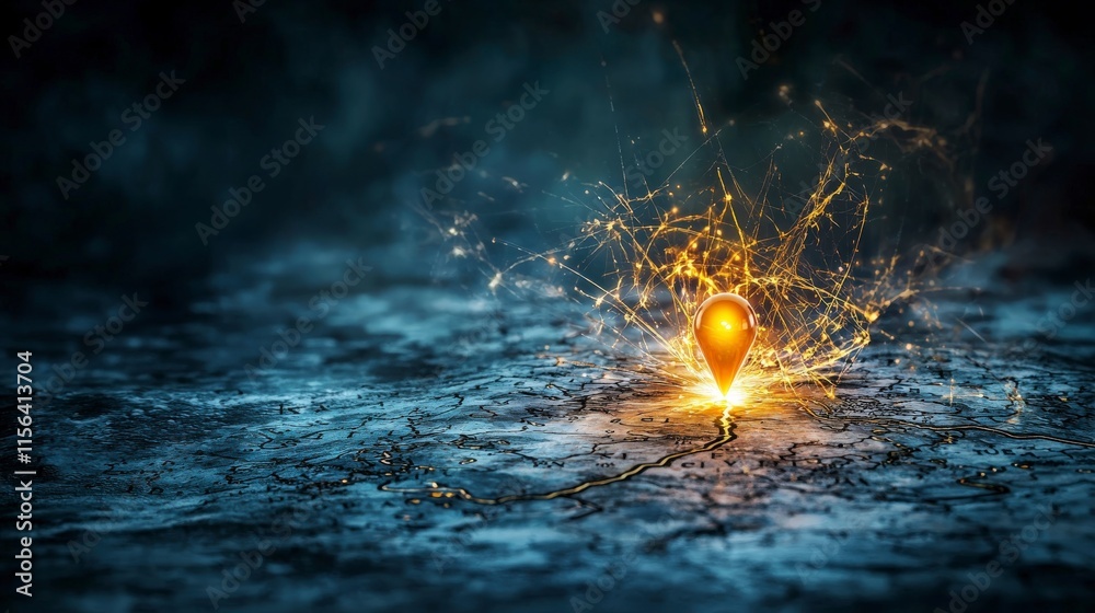 Glowing pin planting light on map digital landscape creative ...