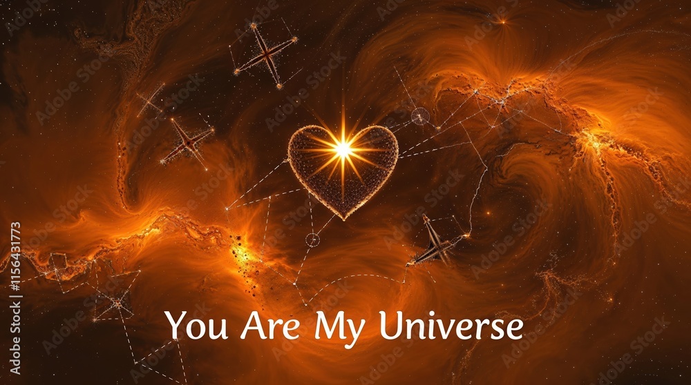 Heart constellation with connecting star patterns against fiery orange ...