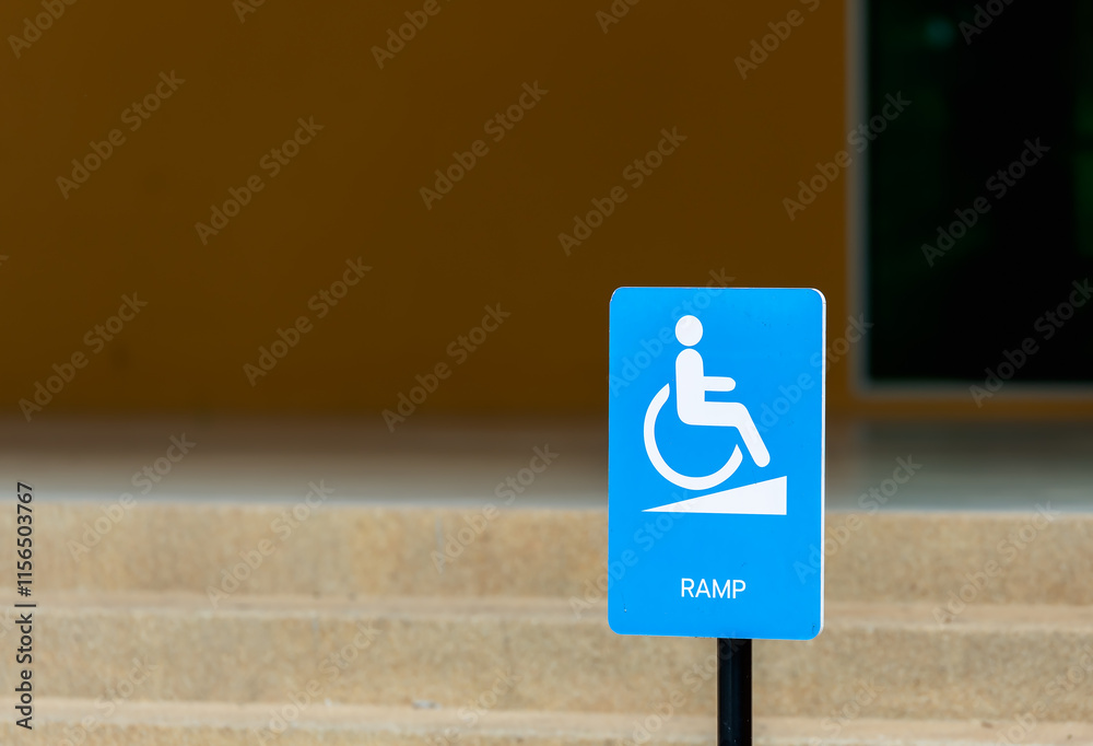 Wheelchair ramp sign for disabled people with stair background. Stock ...