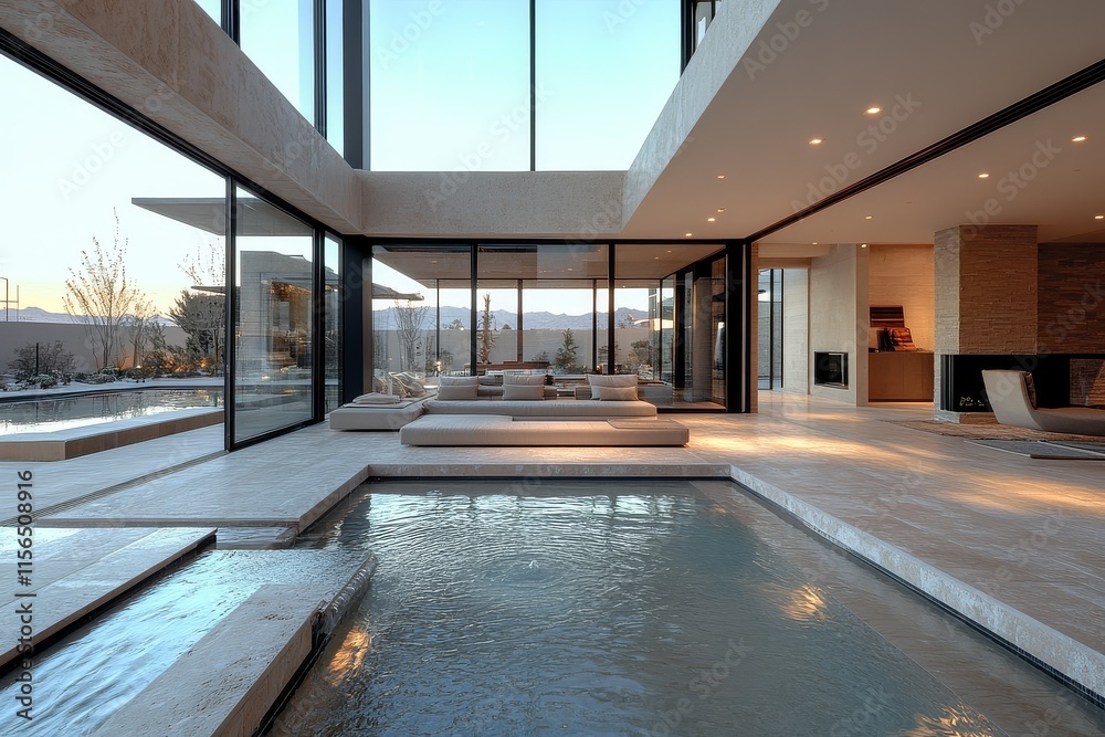 Stock-Foto „Modern home in the Nevada desert with large windows, water ...