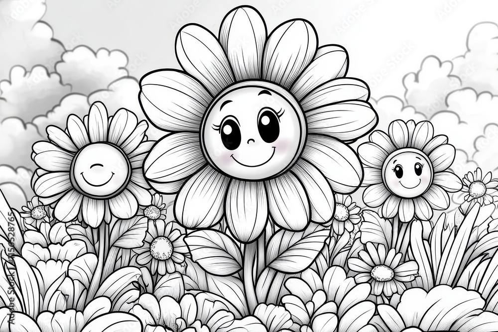 Kawaii style cute sunflower coloring page for kids, thick line art ...
