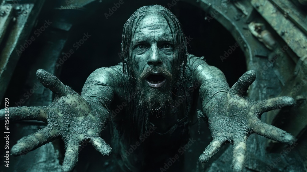 A man covered in mud reaching out from a dark, confined space ...