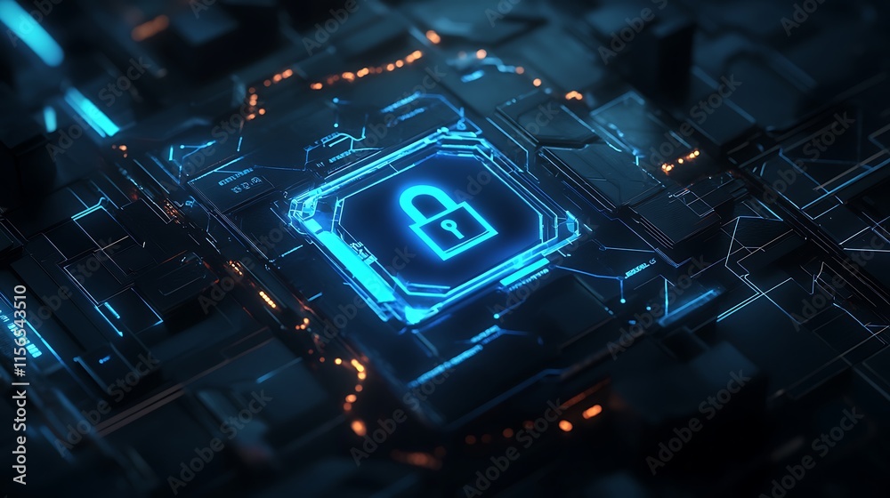 Digital blue lock logo on black background, data transfer and security ...